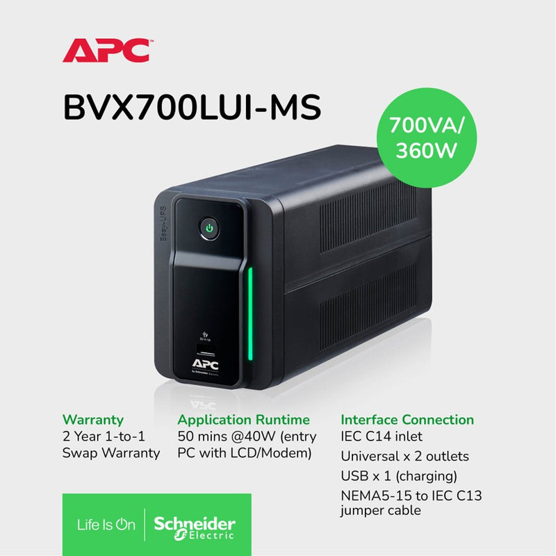 APC BVX700LUI-MS Easy UPS BVX 700VA, 360W 230V, AVR, USB Charging, Uni ...