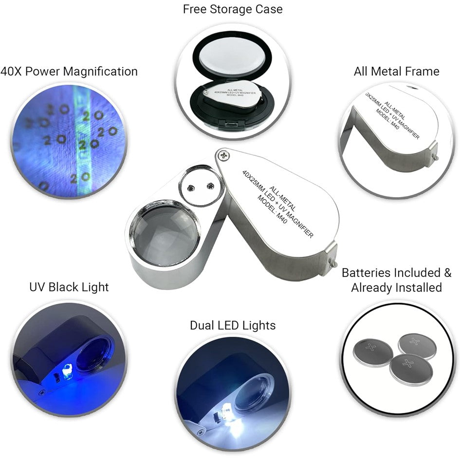 LED's + UV Magnifier / Magnifying Glass 40x / 25mm Jewel Loupe / Curre ...