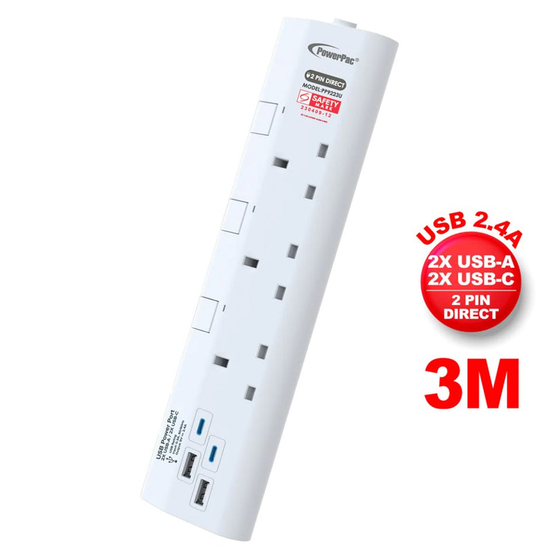 Powerpac 3W / 4W Power Extension Socket Extension 3Meter with 2xUSB-A ...
