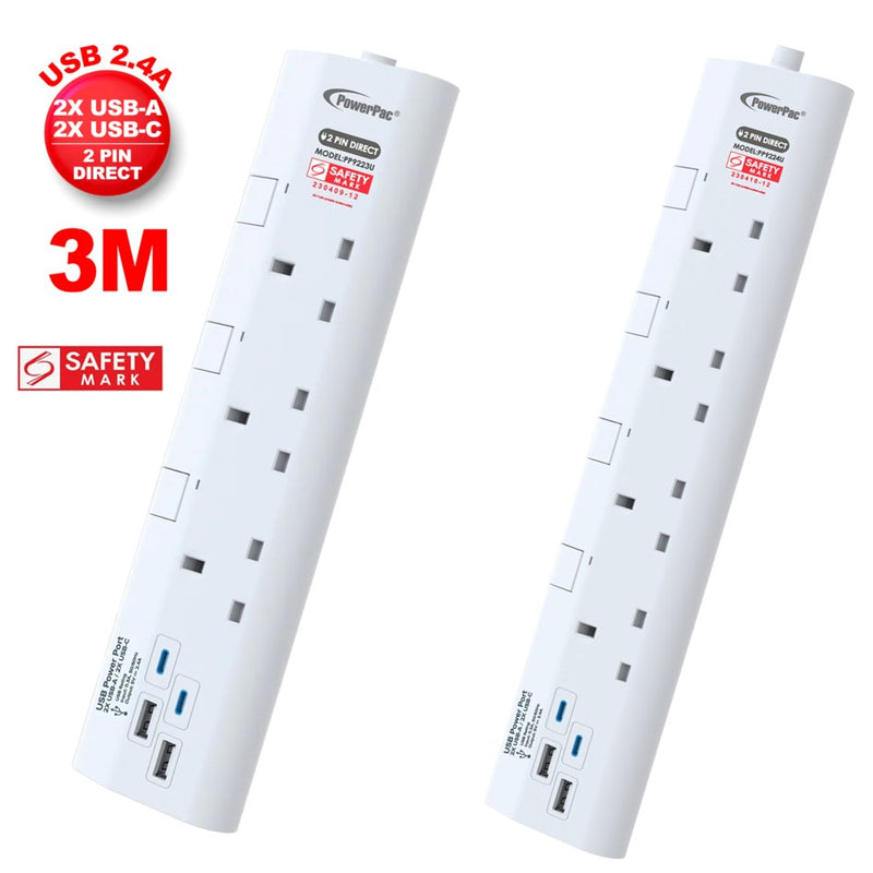 Powerpac 3W / 4W Power Extension Socket Extension 3Meter with 2xUSB-A ...