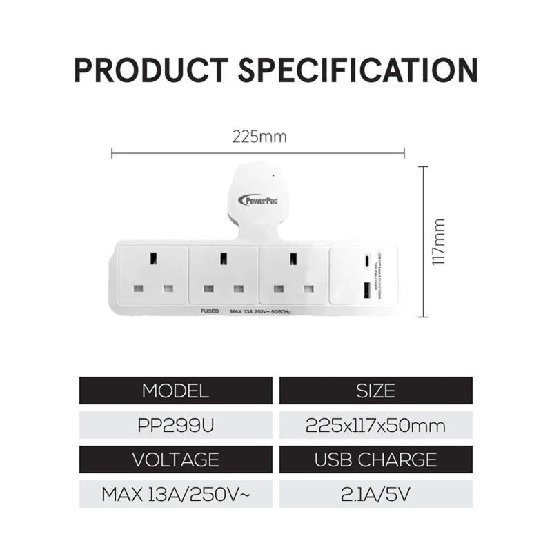 Powerpac 3W Wall socket Power Wall Extension Pug with 1x USB C & 1x US ...