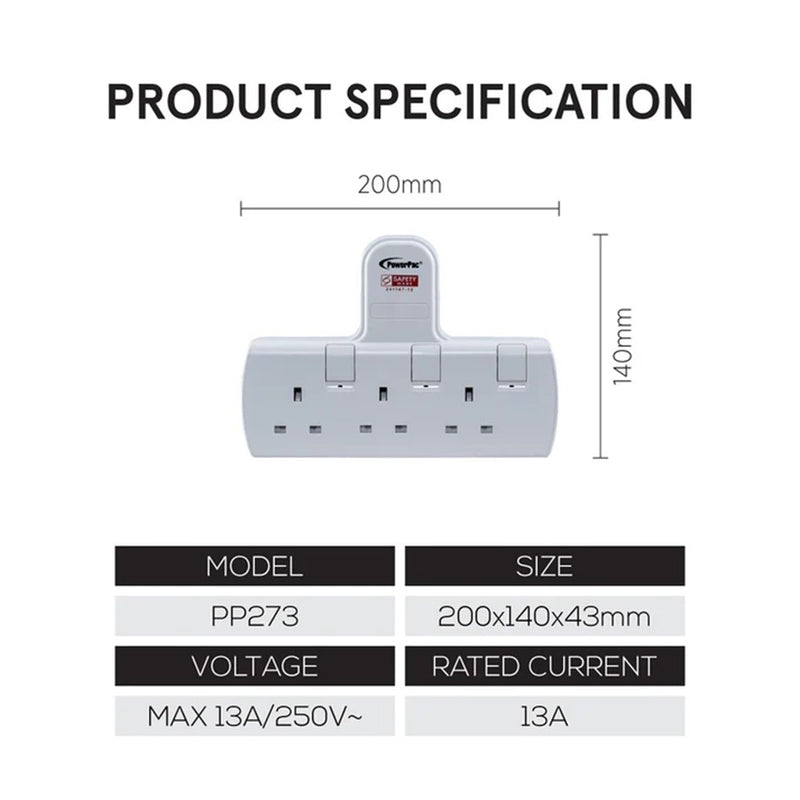 Powerpac 3 Way Socket Extension / 3W Adapter / 3Way Multi plug Extensi ...