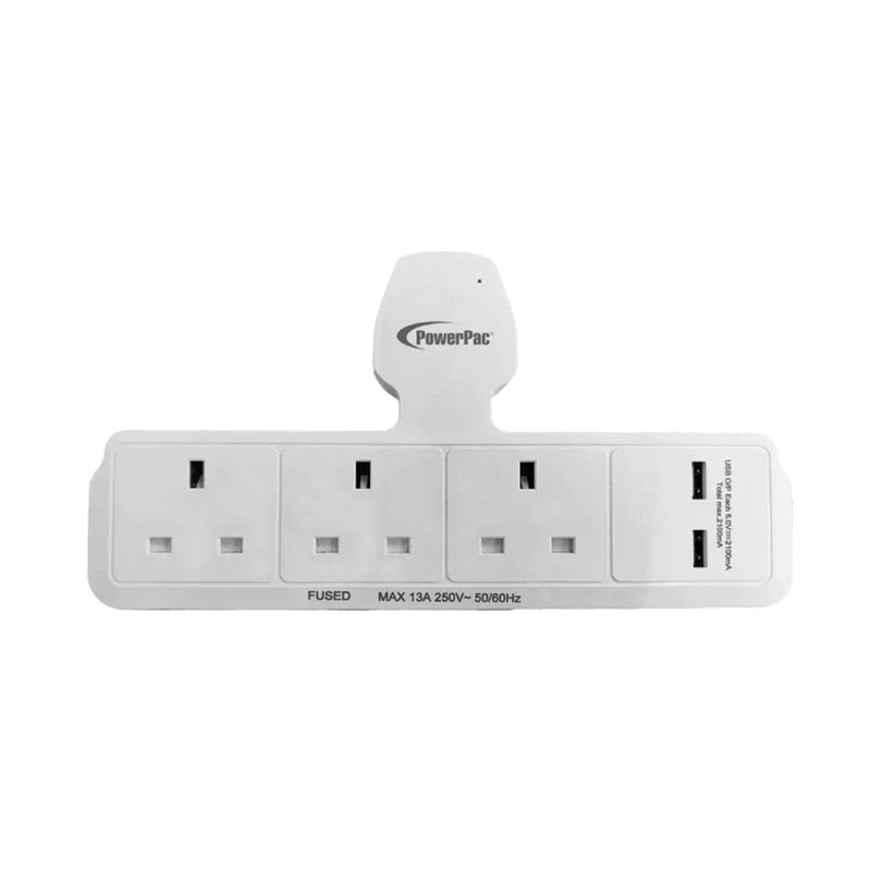 Powerpac 3 Way Wall socket Power Wall Extension Pug with 2x USB-A Port ...