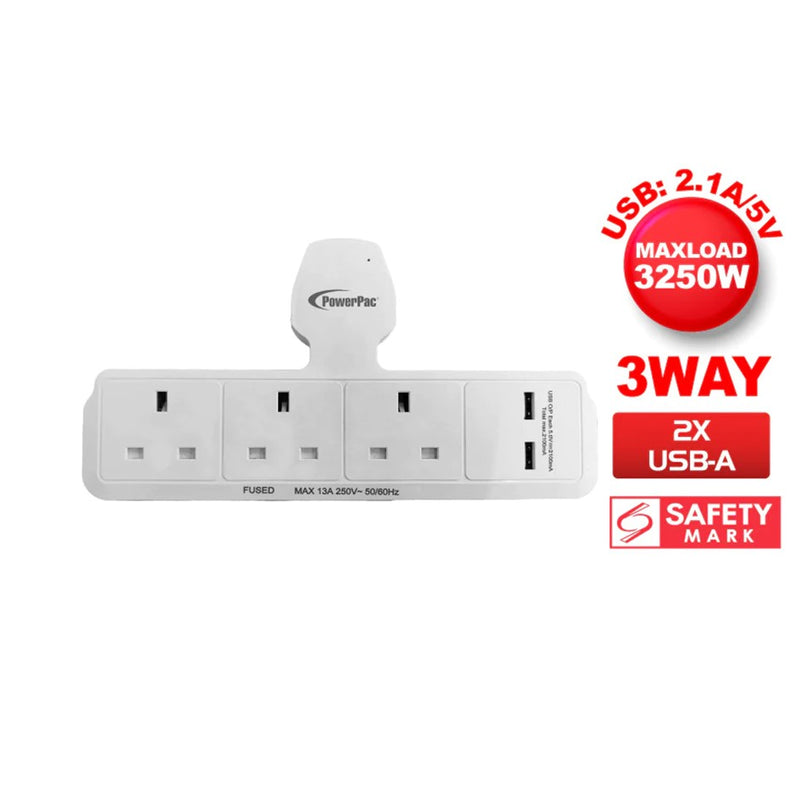 Powerpac 3 Way Wall socket Power Wall Extension Pug with 2x USB-A Port ...