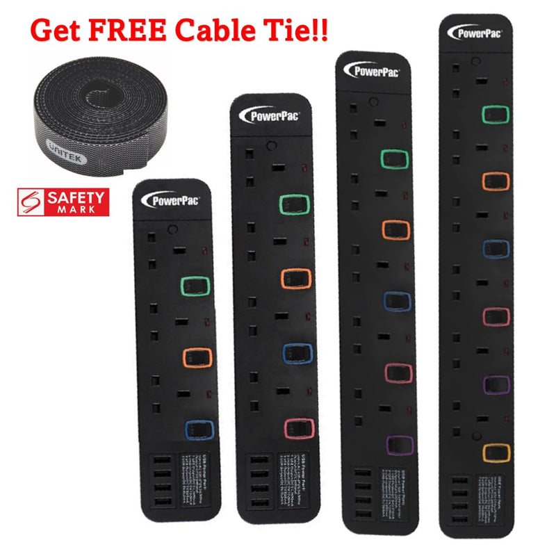 Powerpac 3W/4W/5W/6W Power Extension Socket Extension with 4x USB Port ...
