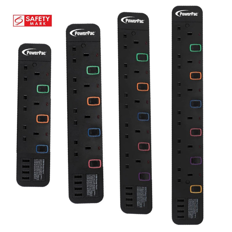 Powerpac 3W/4W/5W/6W Power Extension Socket Extension with 4x USB Port ...