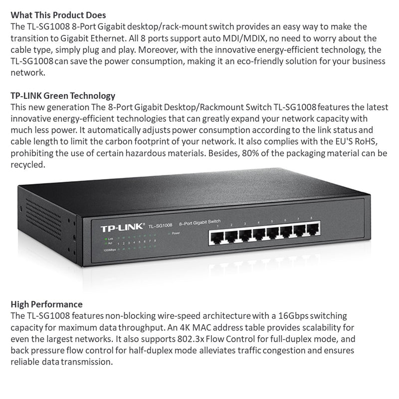 TP-Link TL-SG1008 8-Port Gigabit Desktop/ Rackmount Switch / 3 YRS War ...